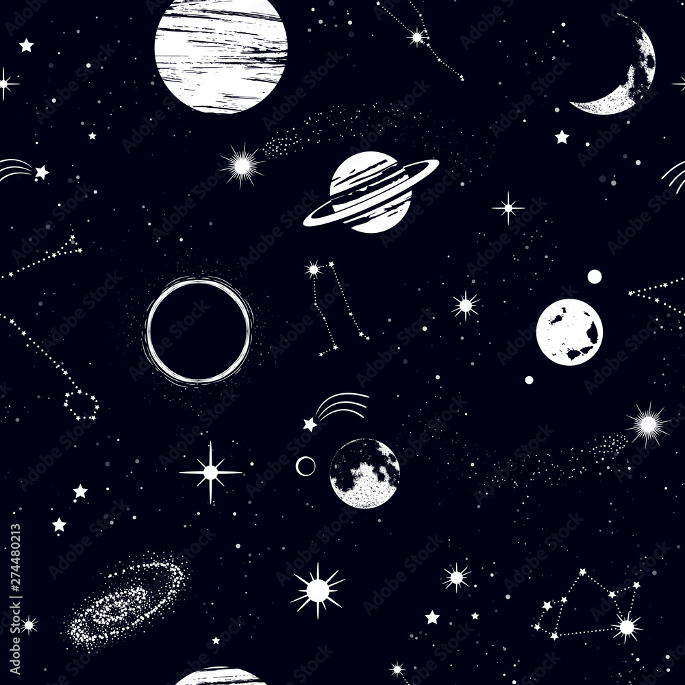 Space seamless pattern, beautiful galaxy, stars, planets ...