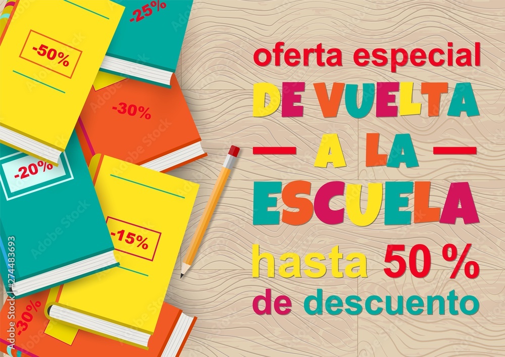 Vector poster Back to school Sale on wood texture, Spanish translation ...