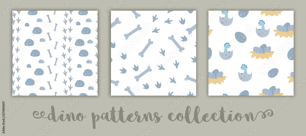 Set of vector dinosaur seamless patterns for children. Dino flat ...