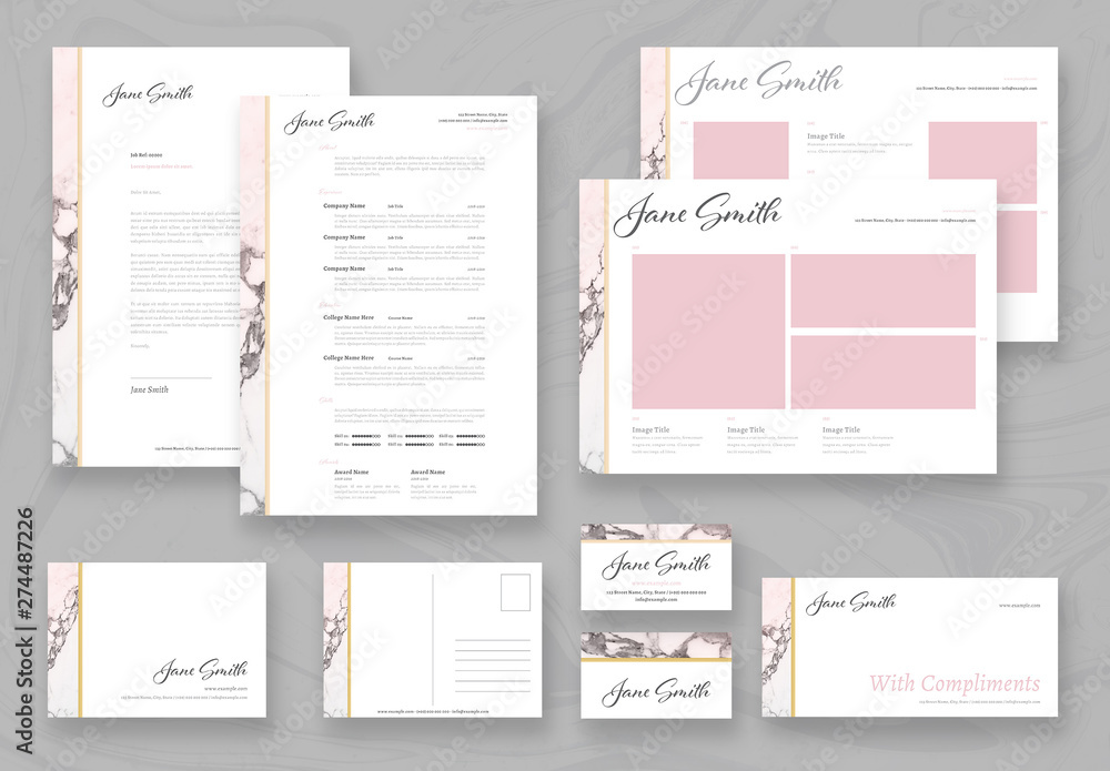 Resume, Portfolio and Postcard Set with Marble Sidebar Stock Template ...