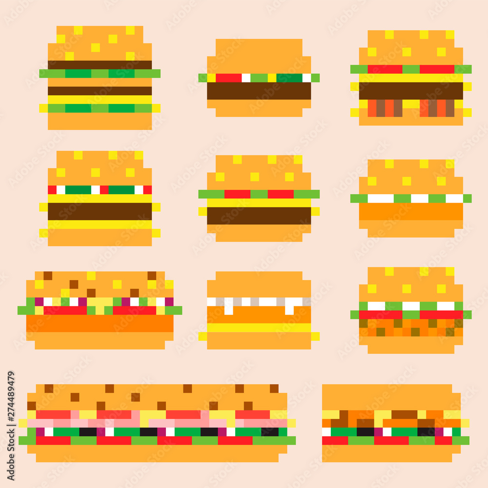 Pixel hamburger set game icon menu Stock Vector | Adobe Stock