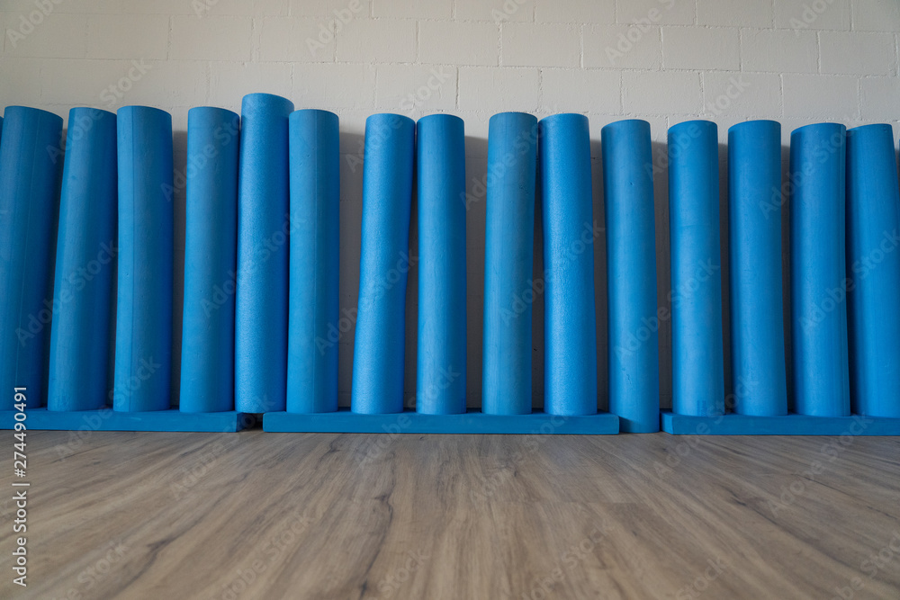 Eleven blue rigid foam stem and pilates roller standing on wooden oak ...