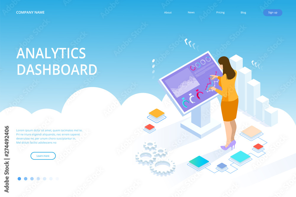 Isometric digital monitor with infographics. Female standing at the big ...