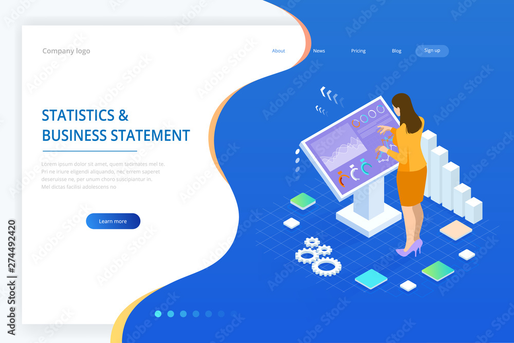 Isometric digital monitor with infographics. Female standing at the big ...