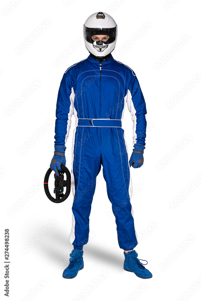 Determined race driver in blue white motorsport overall shoes gloves ...