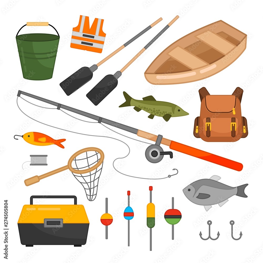 Vector set of equipment for fishing. Cartoon illustration of a boat ...