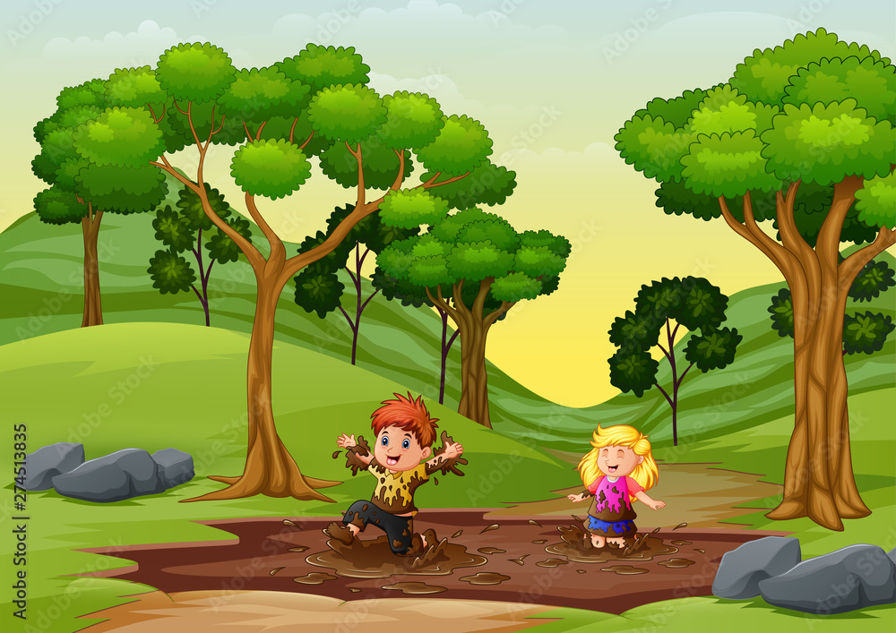 Happy kids playing a mud puddle in the nature Stock Vector | Adobe Stock