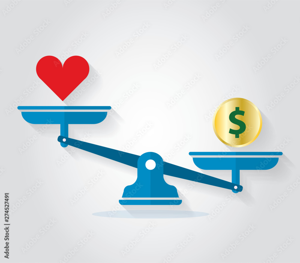 Balance scale weight for love and money. Vector conceptual illustration ...