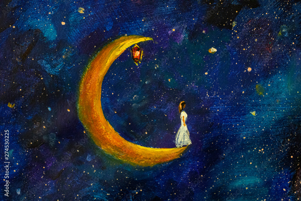 Painting oil - Girl on a big moon in space, illustration for fairy tale ...