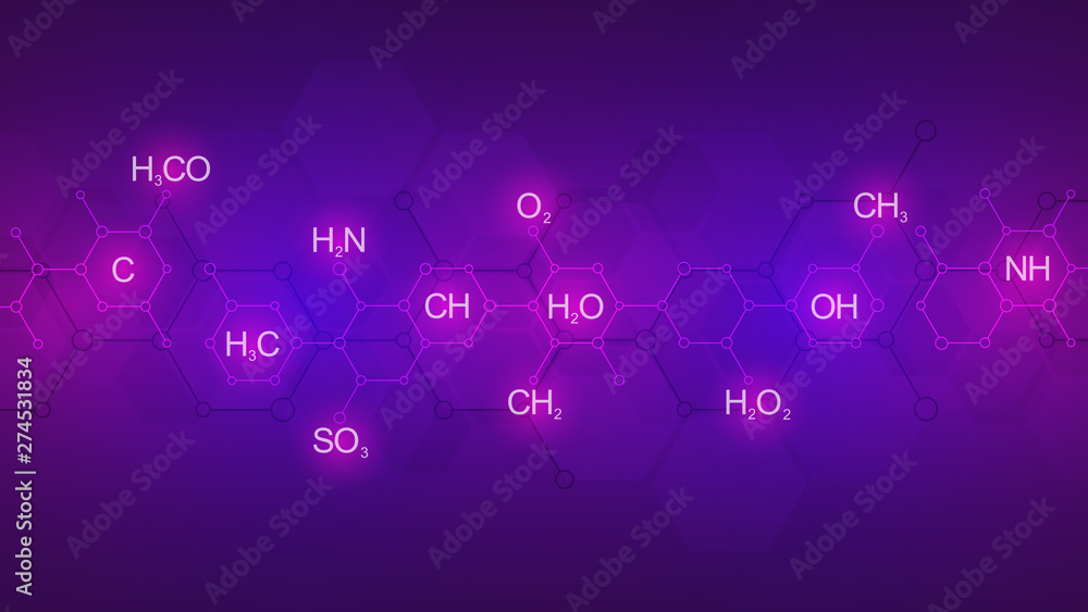 Abstract chemistry pattern on purple background with chemical formulas ...
