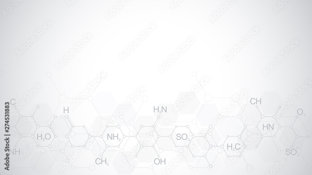 Abstract chemistry pattern on soft grey background with chemical ...