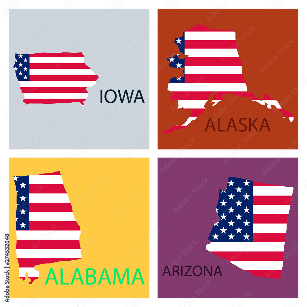 Poster map of United States of America with state names. Flag print map ...