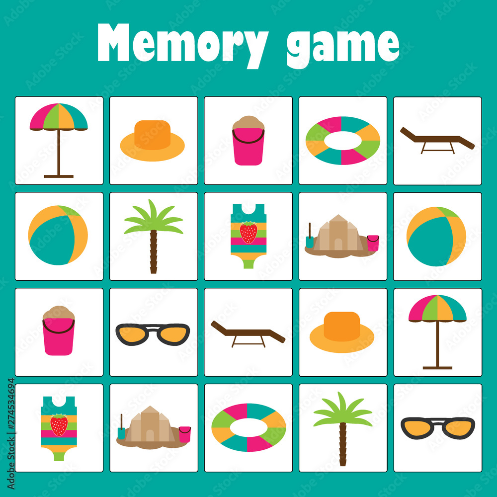 Memory game with summer beach pictures for children, xmas fun education ...