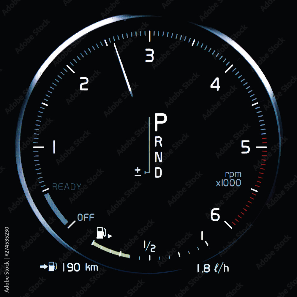 Vector illustration of car tachometer displaying over 2500 RPM. Modern ...
