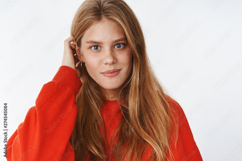 Close-up shot of charming female teenager with cute freckles, red hair ...