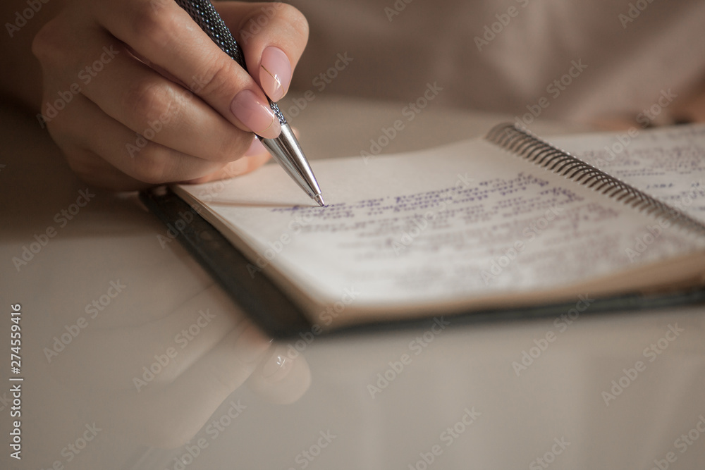 the girl writes in her diary, side view, blurred text, pastel colors, a ...