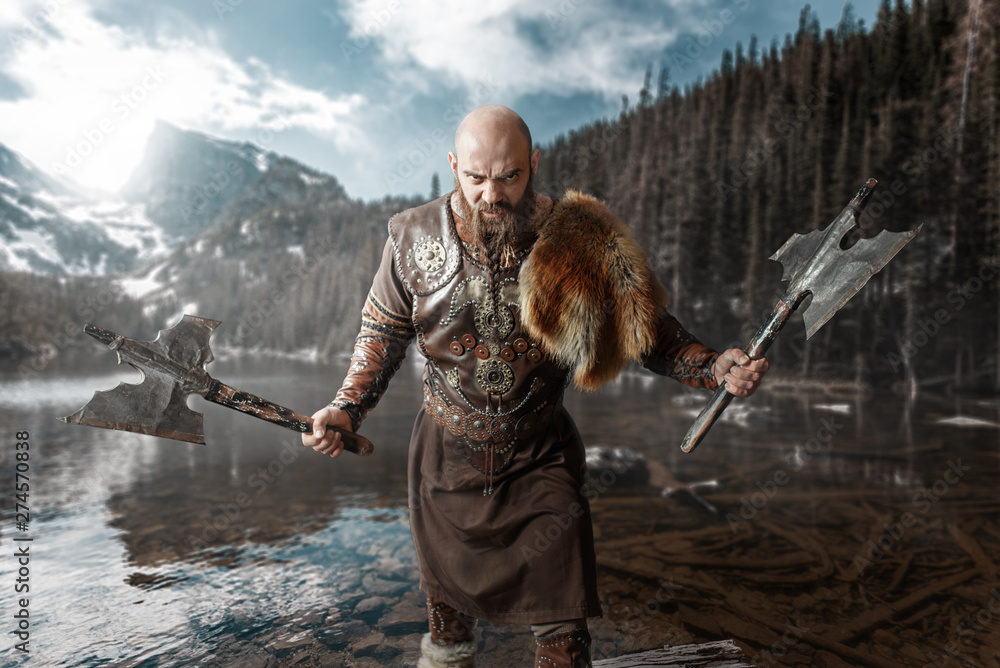 Photo & Art Print Viking with axes in hands standing at the lake, Nomad ...