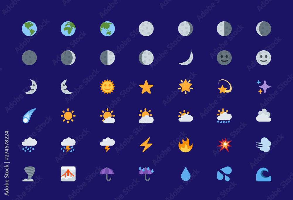 Colorful weather, climate, forecast, stars icons. Sky, clouds ...