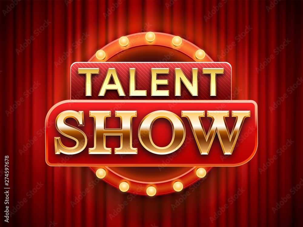 Talent show sign. Talented stage banner, snows scene red curtains and ...