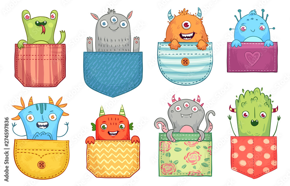 Cartoon pocket monster. Funny monsters in pockets, scary halloween ...