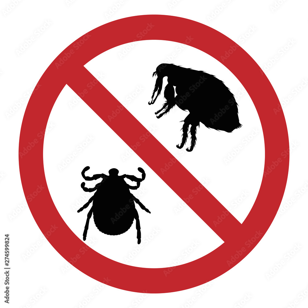 Vector illustration of flea and tick ban mark on a white background ...