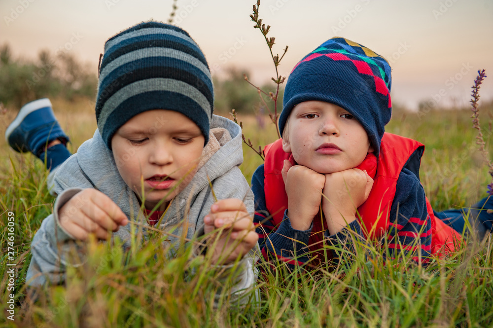 happy children playing in field sown with winter wheat against backdrop ...