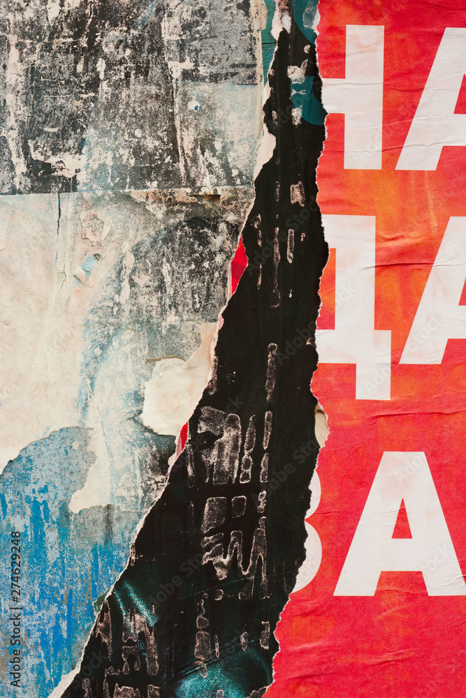 Old grunge ripped torn vintage collage street blank posters creased ...
