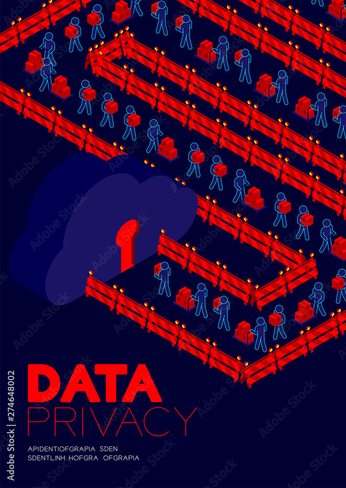 Data privacy concept, man pictogram transfer data to isometric cloud ...