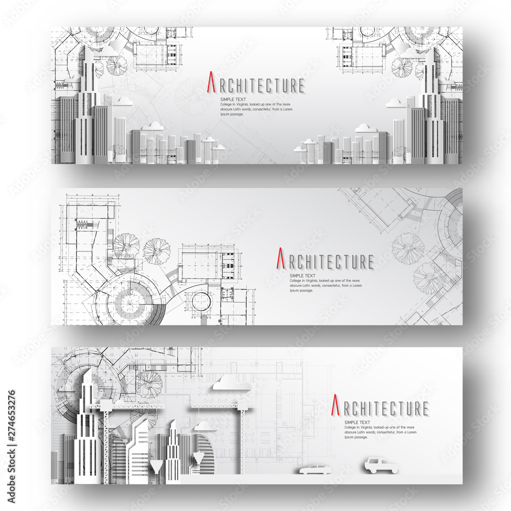 Set of horizontal banners with architectural and Blueprint background ...