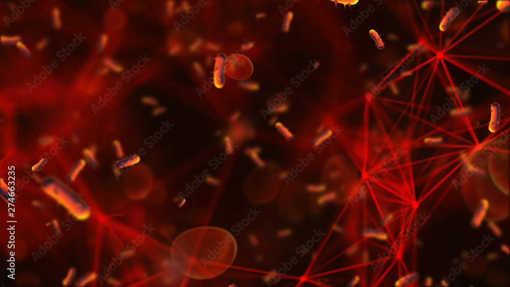 Bacteria, virus and Red infecting blood cells, traveling through a vein ...