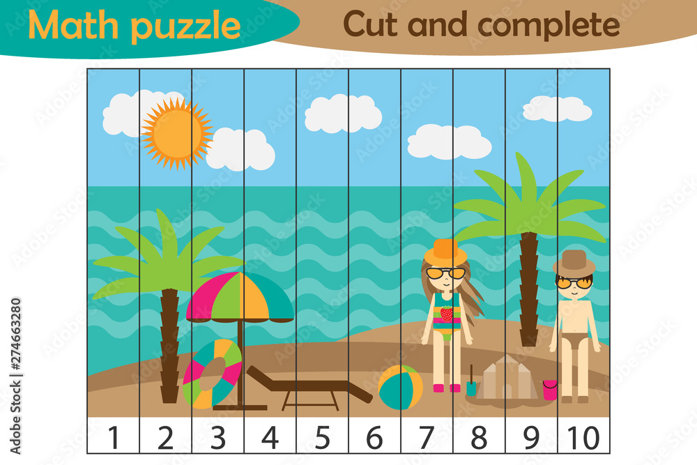 Math puzzle, summer beach in cartoon style, education game for ...