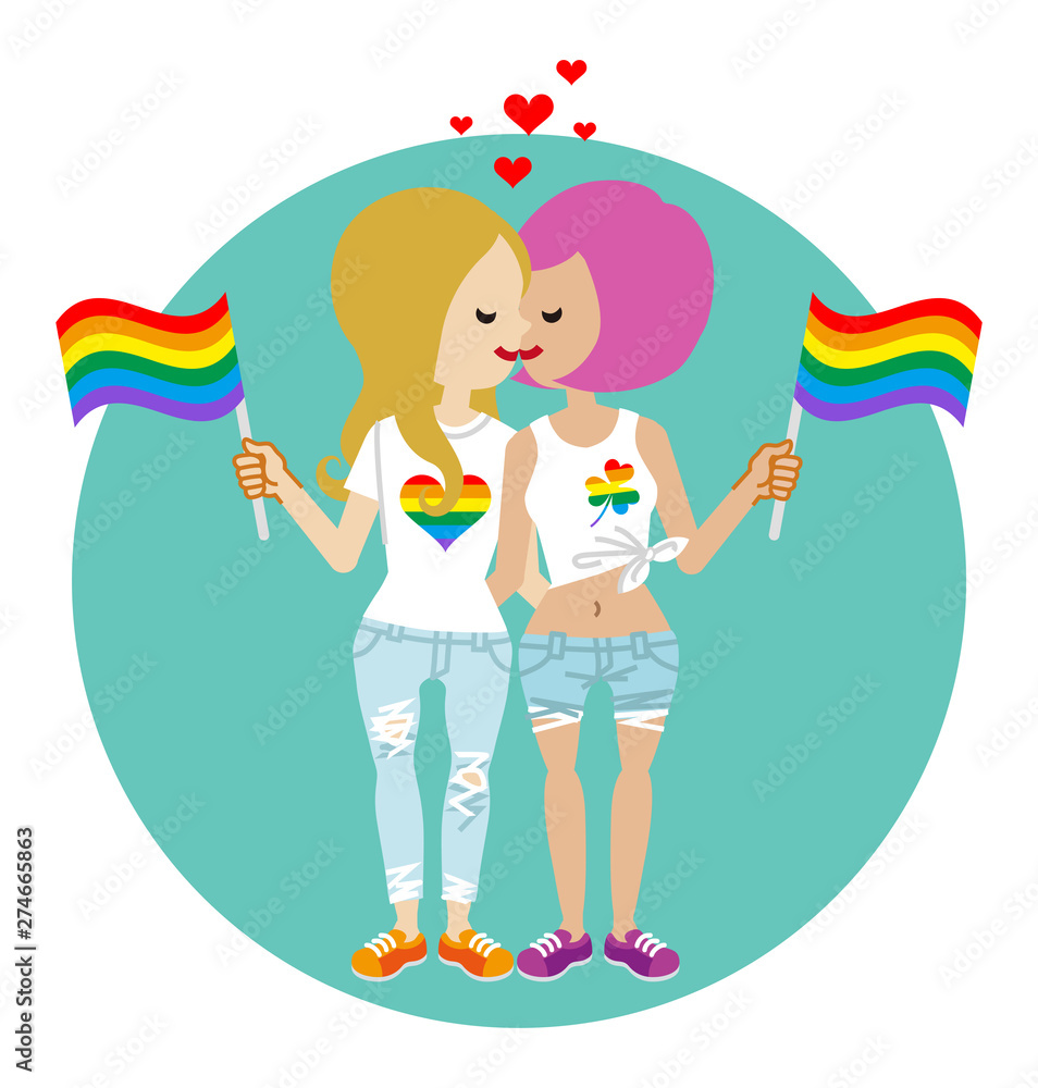 Kissing Young Lesbian Couple Holding Rainbow Flags Lgbt Parade