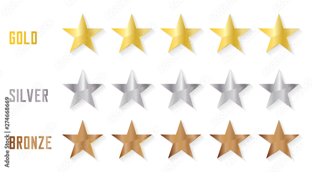 Gold, silver and bronze five star icons with realistic gradient colors ...