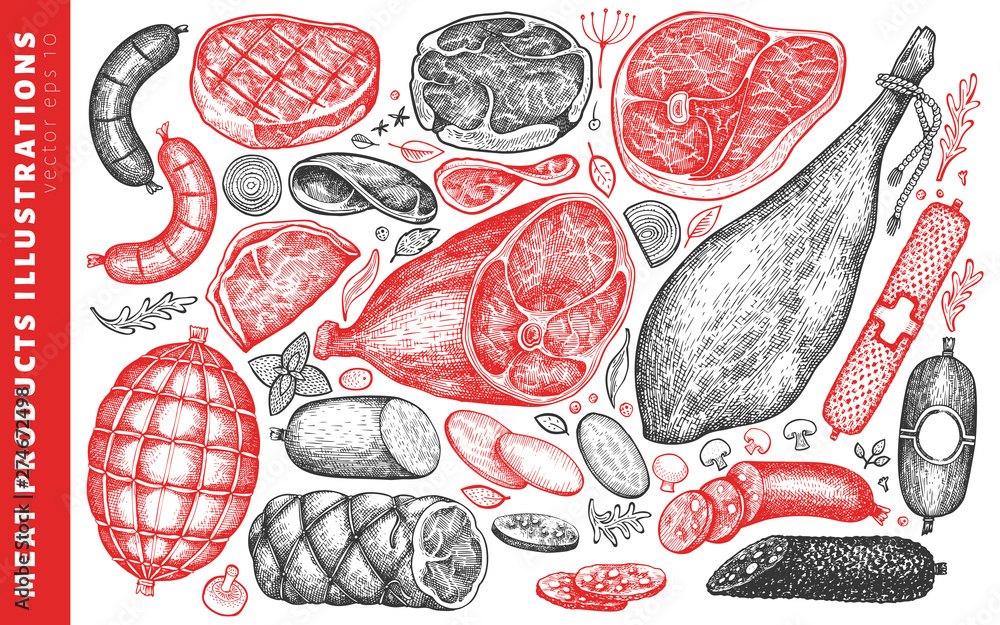 Vintage vector meat products illustration set. Hand drawn ham, sausages ...