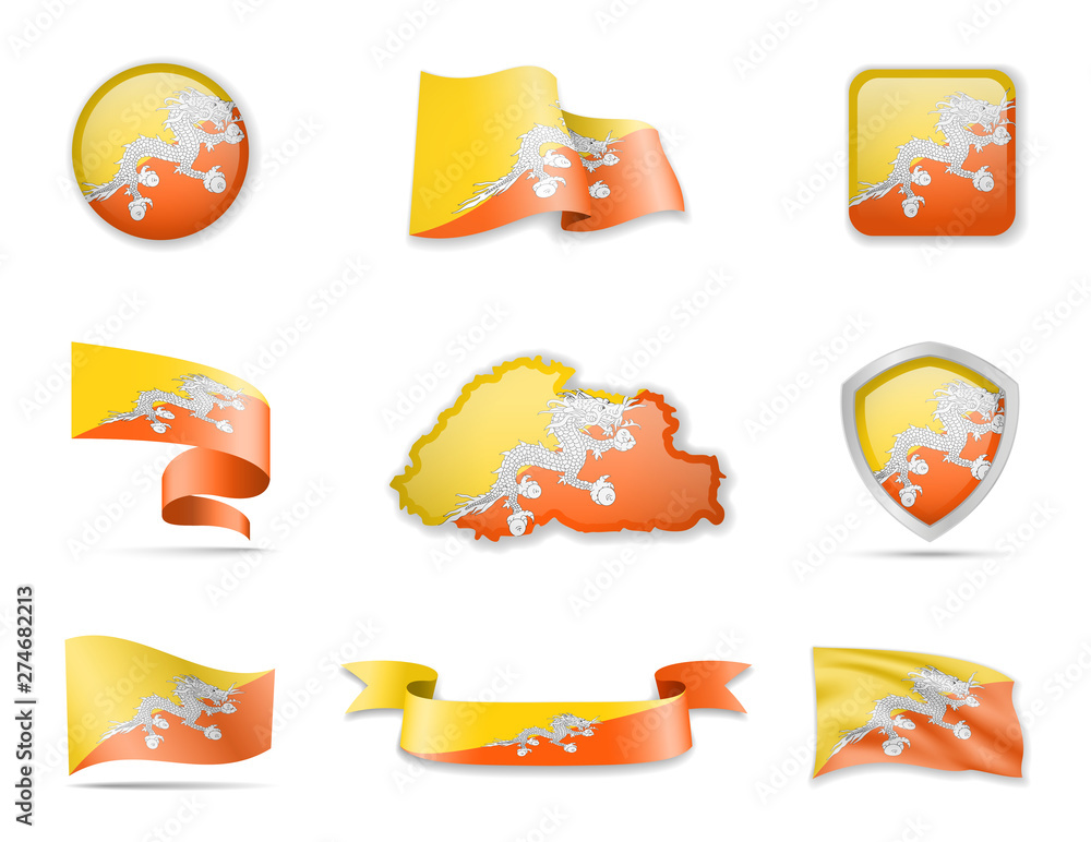 Bhutan flags collection. Vector illustration set flags and outline of ...