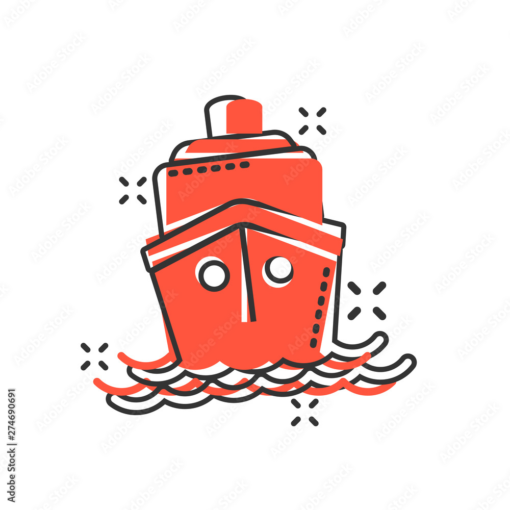 Ship cruise sign icon in comic style. Cargo boat vector cartoon ...