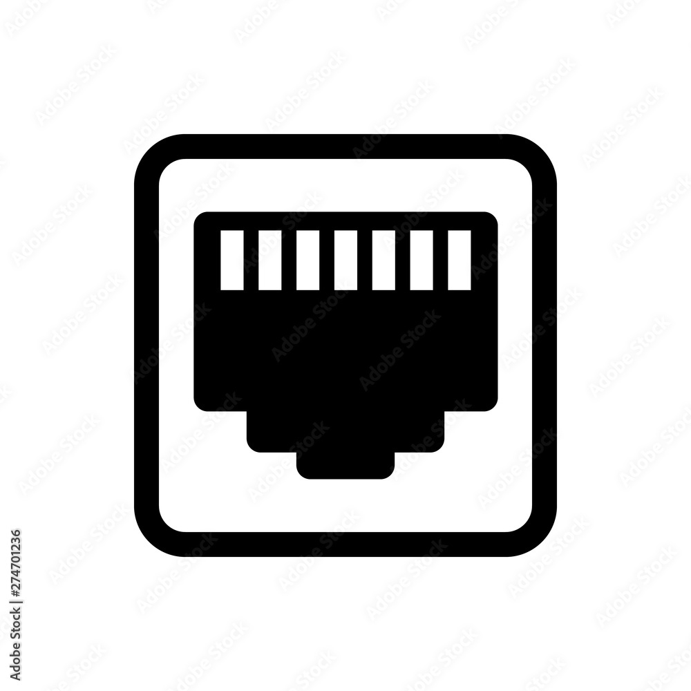 Black Network port - cable socket icon isolated. LAN, ethernet port ...
