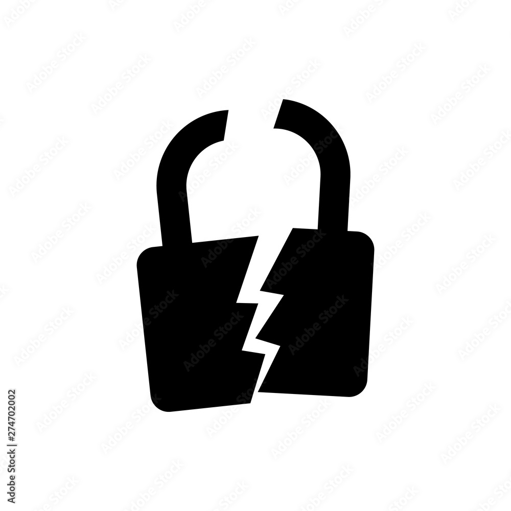Black Broken or cracked lock icon isolated. Unlock sign. Vector ...