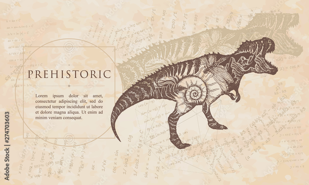 Prehistoric. Tyrannosaur double exposure. T-Rex dinosaur monster ...