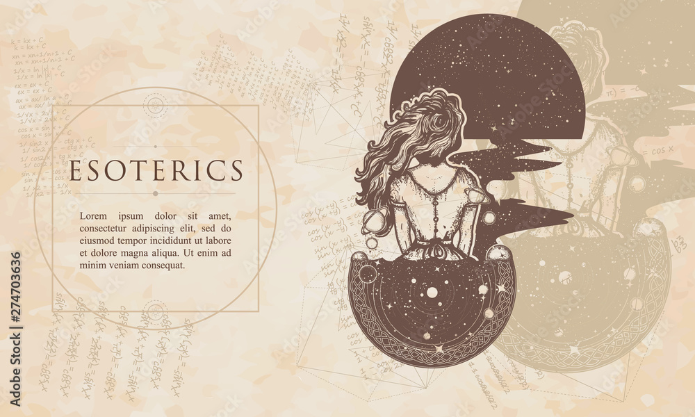 Esoteric. Girl sinks in universe. Symbol of magic, poetry. Renaissance ...