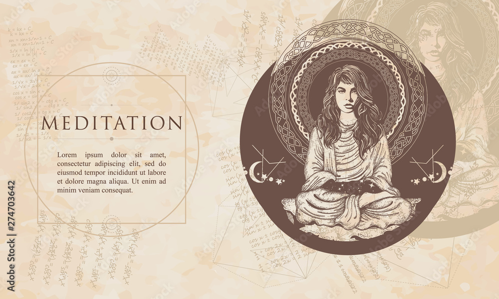 Woman meditation. Girl in lotus pose. Symbol philosophy, astrology ...