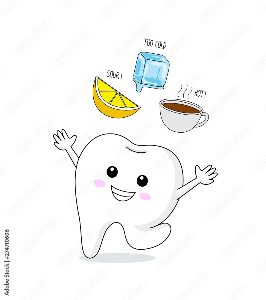 Healthy tooth to cold, sour and hot. Cute cartoon tooth character ...