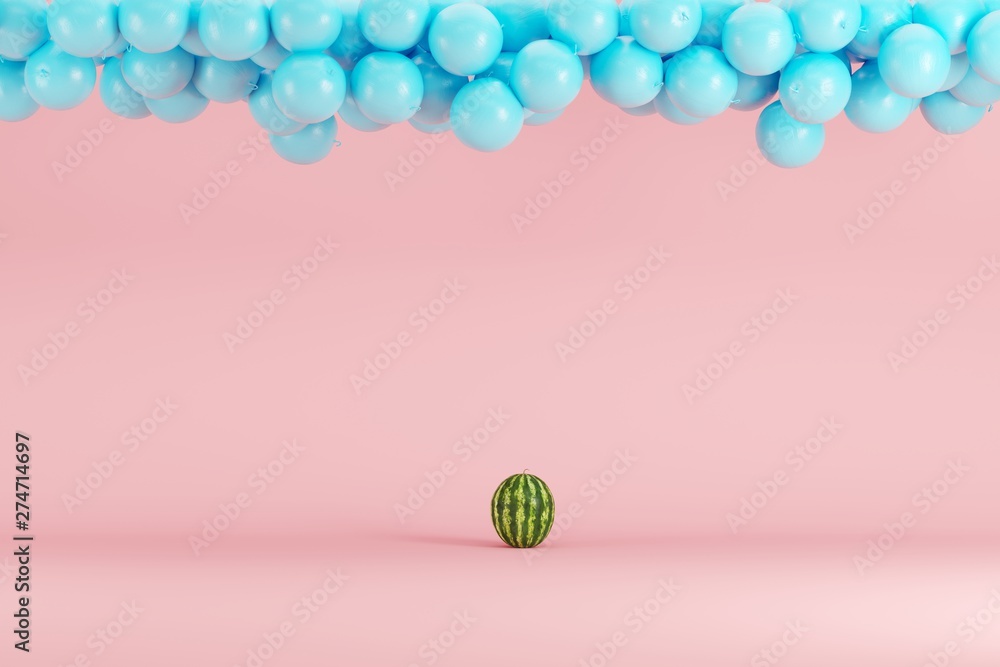 Watermelon drop on floor in pink room background blue with floating ...