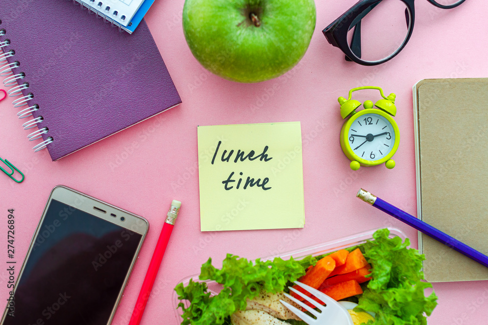 Healthy food from take away lunch box at workplace during time break ...