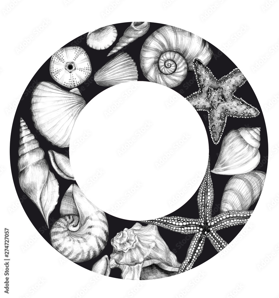 Sea pencil sketch round frame. Graphic drawings of starfish, shells ...