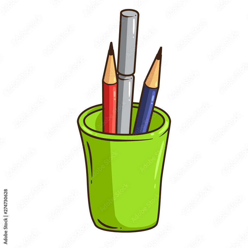 Vector illustration of pen and pencil in cup isolated on white ...