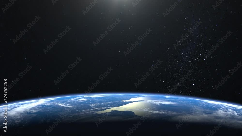 Earth. View from space. The camera is approaching Earth. Stars twinkle ...