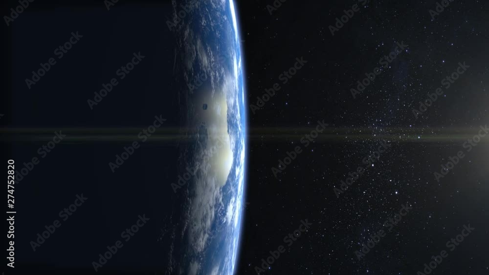 Earth. View from space. The camera is approaching Earth. Stars twinkle ...