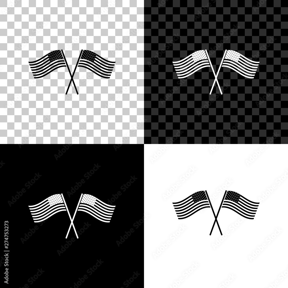 Two crossed American waving flags icon isolated on black, white and ...