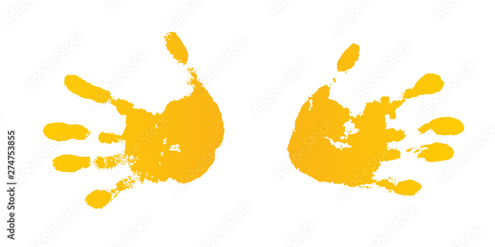 Hand paint print set, isolated white background. Yellow human palm ...
